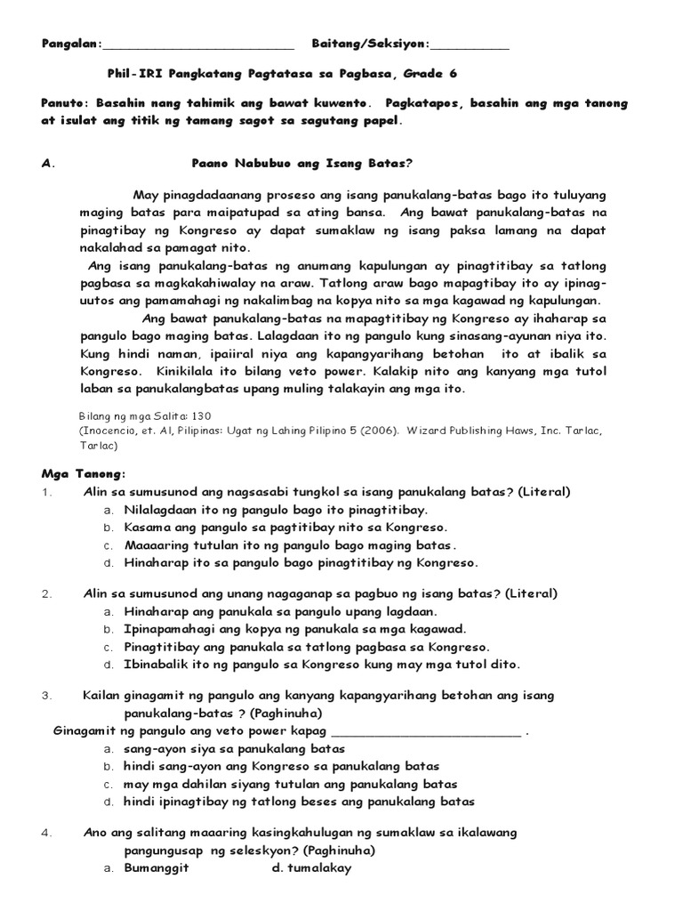 Group Screening Test For Grade 6 2022 | PDF