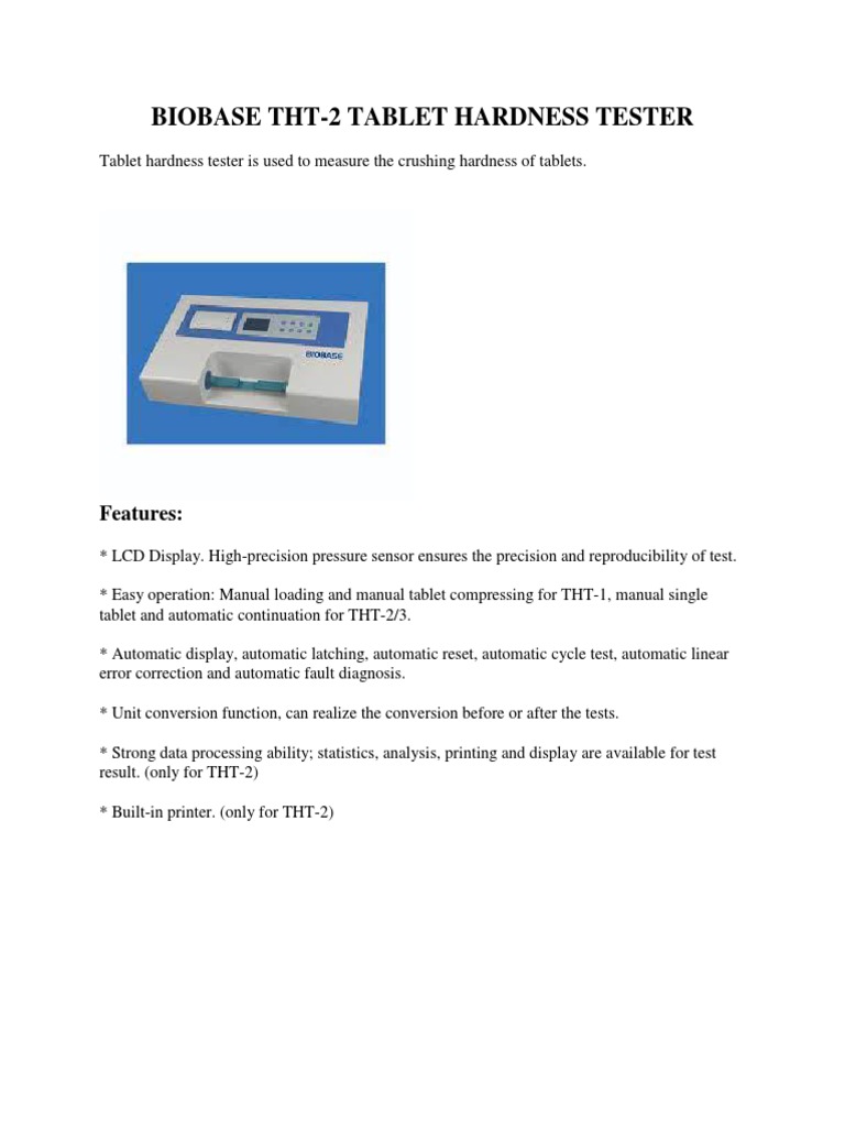 THT-2 Tablet Hardness Tester Overview | PDF | Technology & Engineering