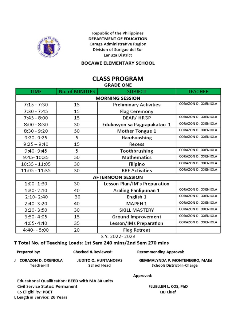 CLASS PROGRAM 2022-2023-Grade 1 | PDF