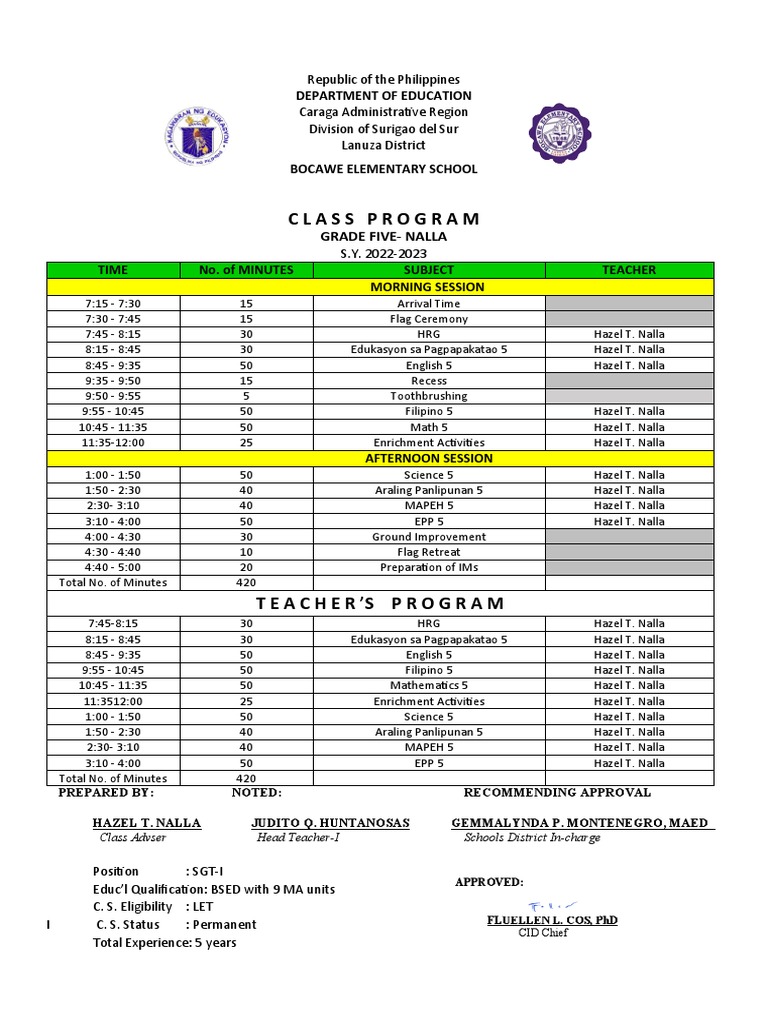 Class Program 2022 2023 Grade 5 Pdf Educational Stages