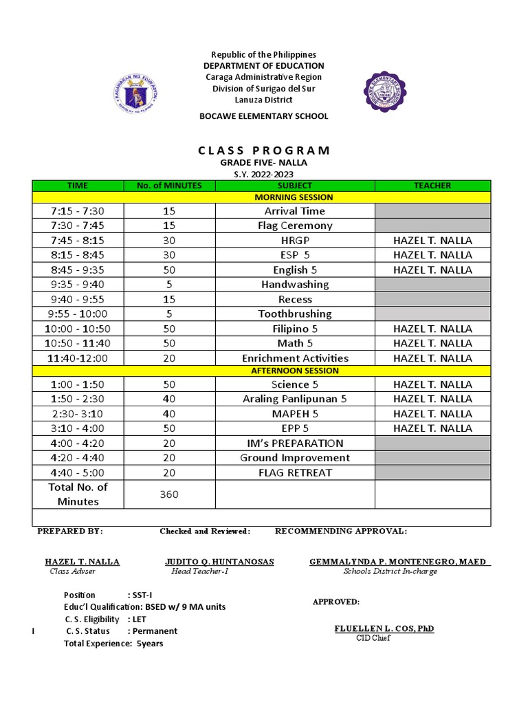 Class Program 2022-2023-Grade-4 | PDF