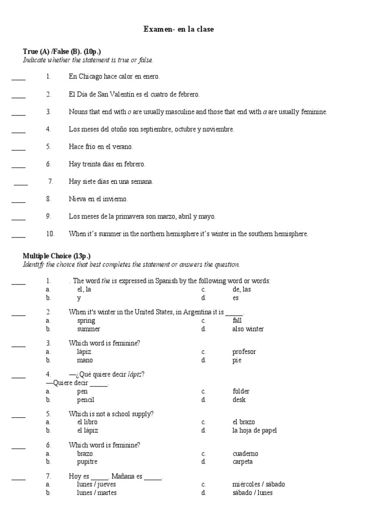 Examen para Empezar - en La Clase | PDF