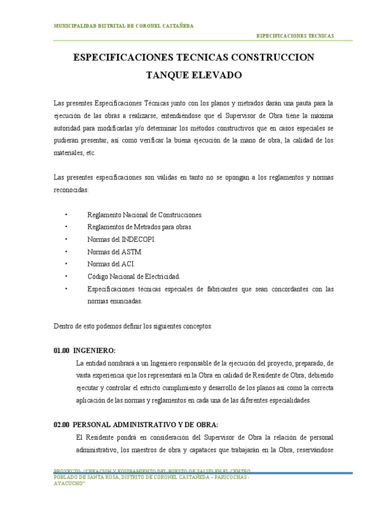 Especificaciones Tecnicas - Tanque Elevado | PDF | Hormigón | Cemento