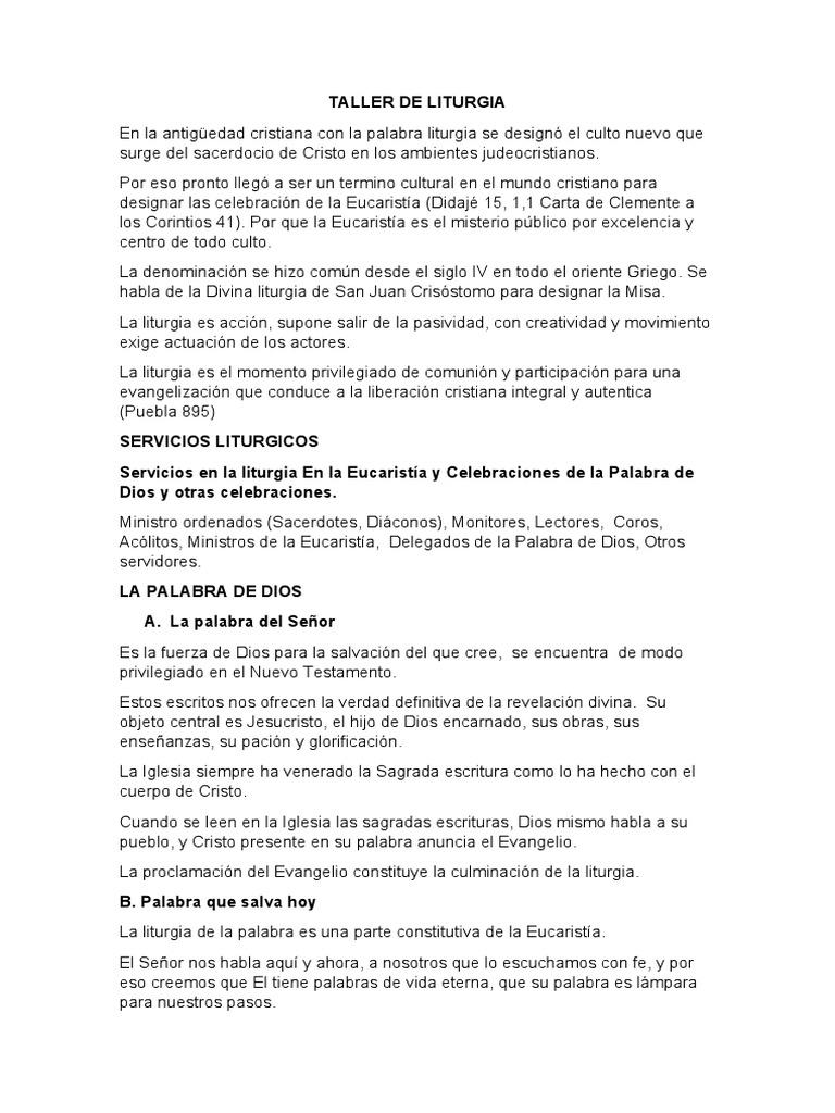 TALLER DE LITURGIA. Parte 1 | PDF | Misa (liturgia) | eucaristía