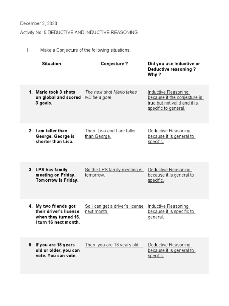 Deductive vs Inductive Reasoning Examples | PDF