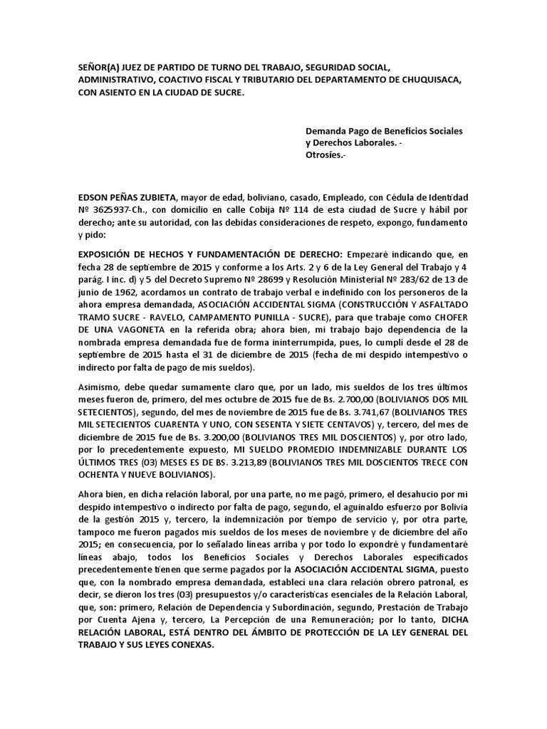 Demanda Pago de Beneficios Sociales y Derechos Laborales | PDF | Salario | Derecho laboral