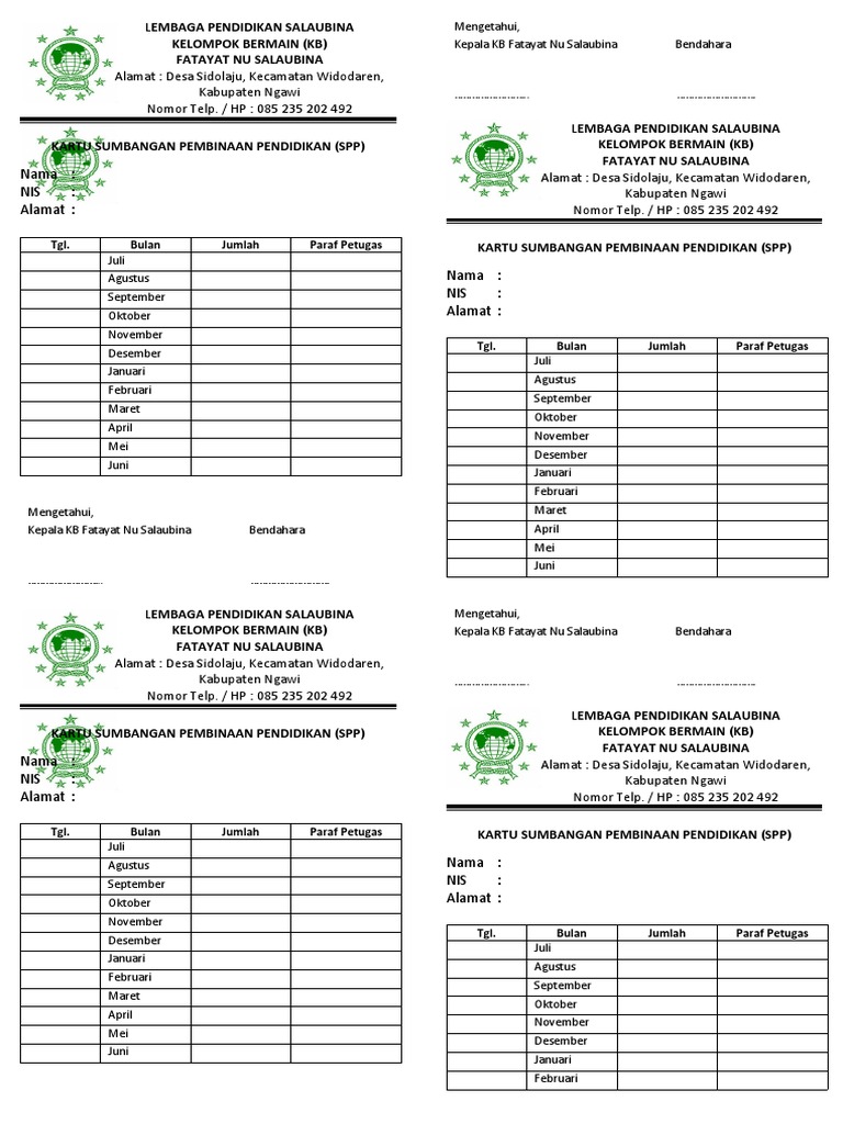 Contoh Kartu SPP Les Privat | PDF
