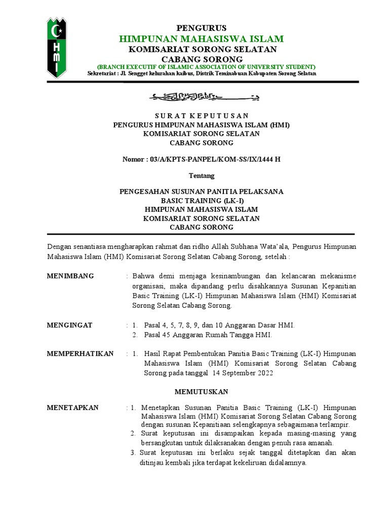 SK .Panitia LK 1 Hmi REVISI | PDF