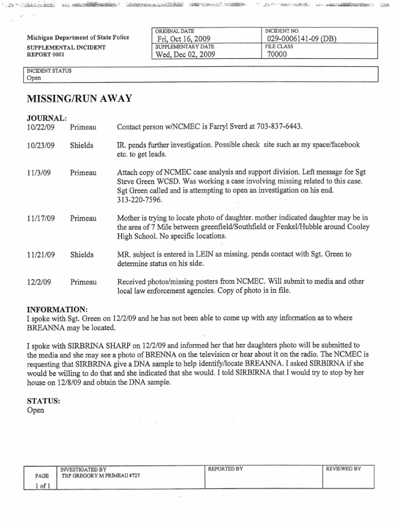 Trooper Gregory Primeau Police Report and Creation of Missing Persons ...
