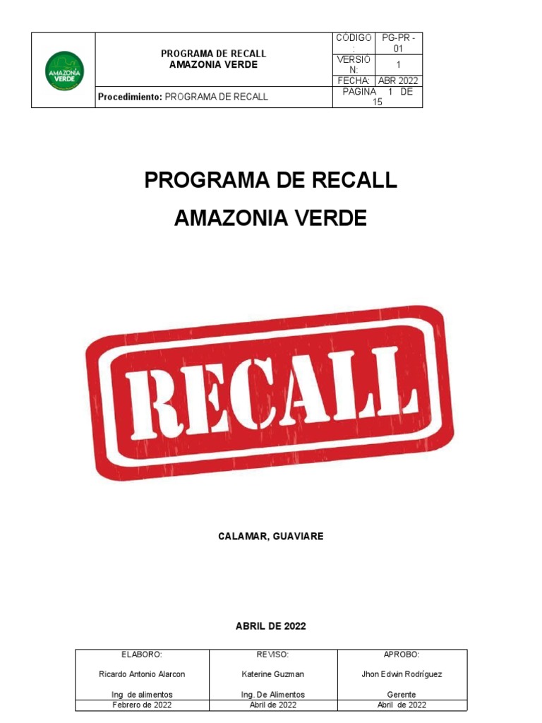 Programa de Recall en Amazonia Verde | PDF | Alimentos | Logística
