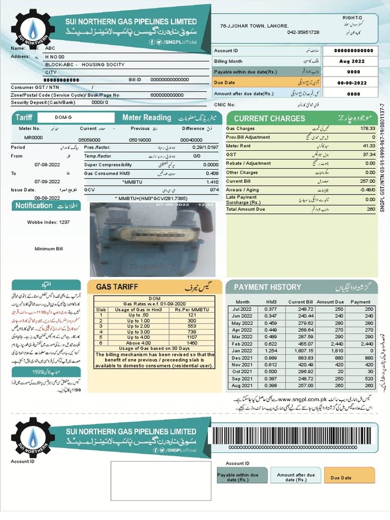Sui Northern Gas Bill Specimen | PDF | Service Industries | Payments