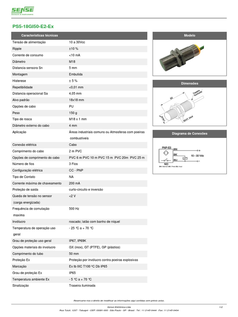 Especificações técnicas detalhadas do sensor de proximidade tubular PS5 ...