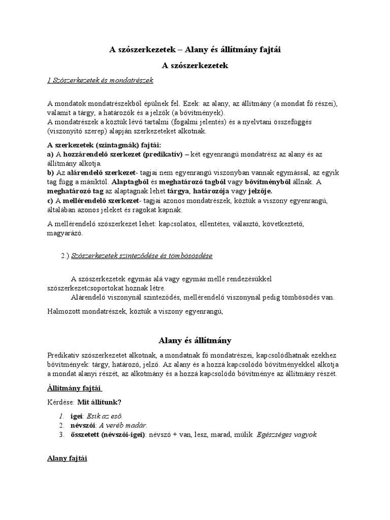 A Szószerkezetek - Alany És Állítmány | PDF