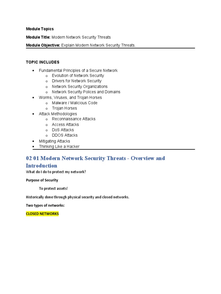 Notes 02 01 Modern Network Security Threats Overview And Introduction Pdf