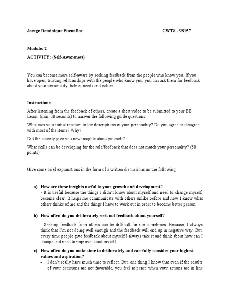 CWTS - Self Awareness | PDF