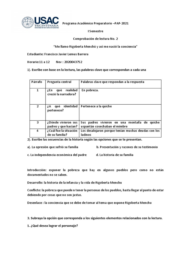 Comprobacion 2 Me Llamo Rigoberta | PDF