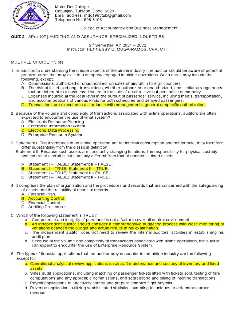 Airline Industry Auditing Quiz | PDF | Audit | Airlines