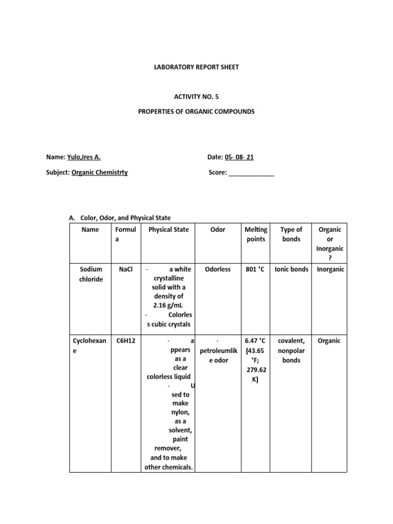 LABORATORY REPORT SHEET | PDF | Chemical Compounds | Organic Compounds
