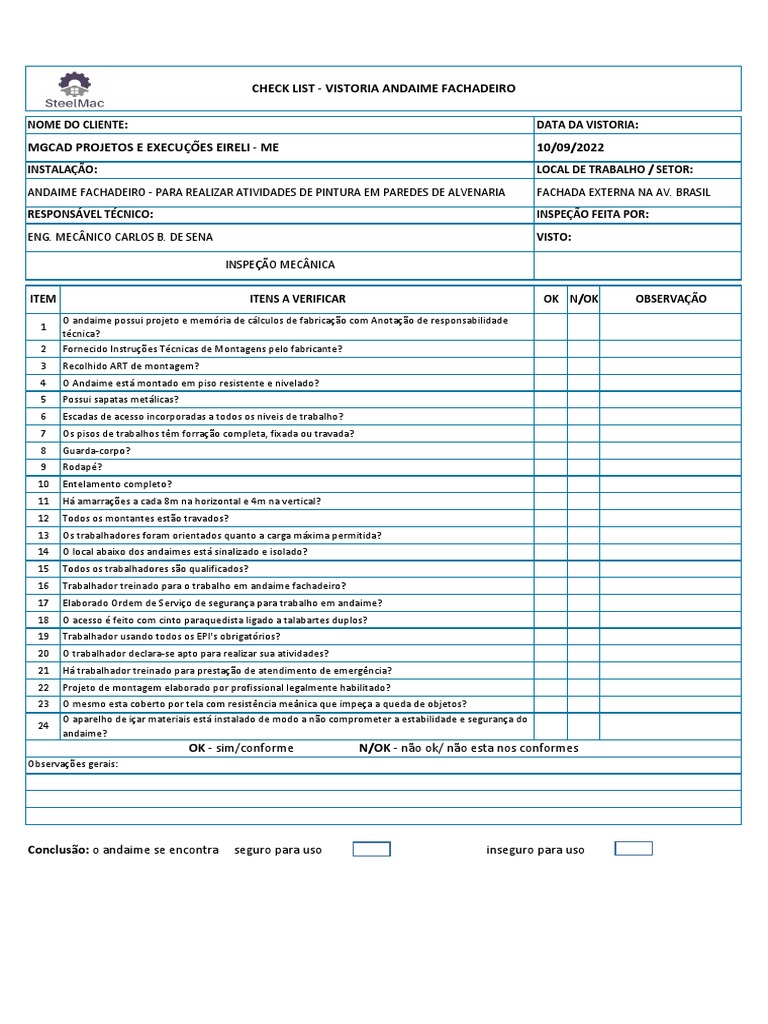 Check List - Vistoria em Andaime Fachadeiro | PDF