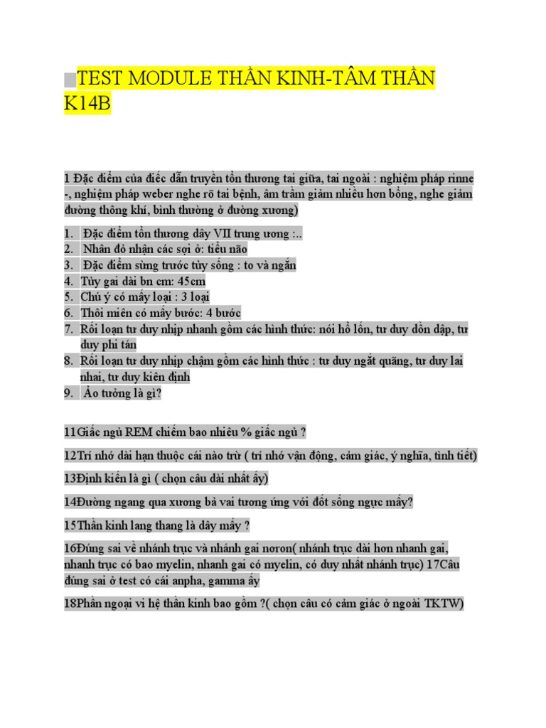 TEST MODULE THẦN KINH K14B | PDF