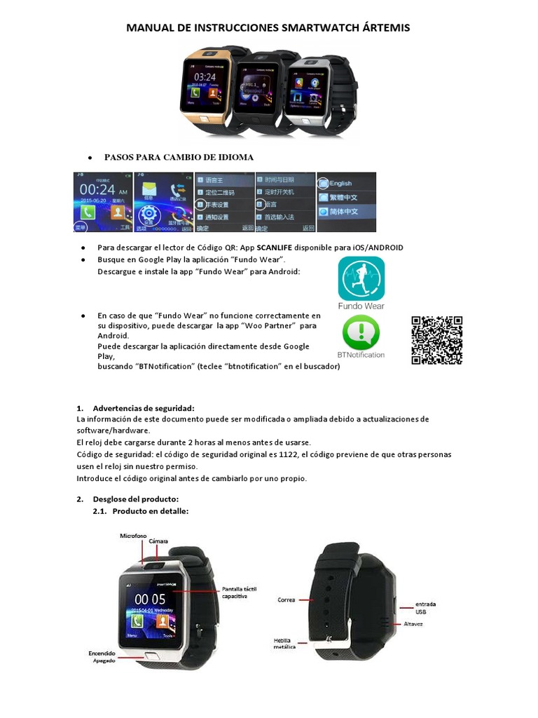 Manual de Instrucciones Smartwatch Ártemis: Pasos para Cambio de Idioma ...