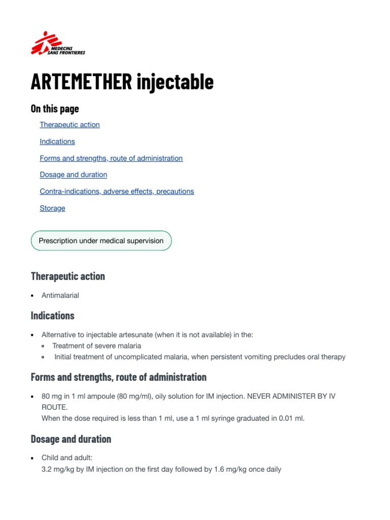 Artemether Injection Dosage Guidelines | PDF | Dose (Biochemistry ...