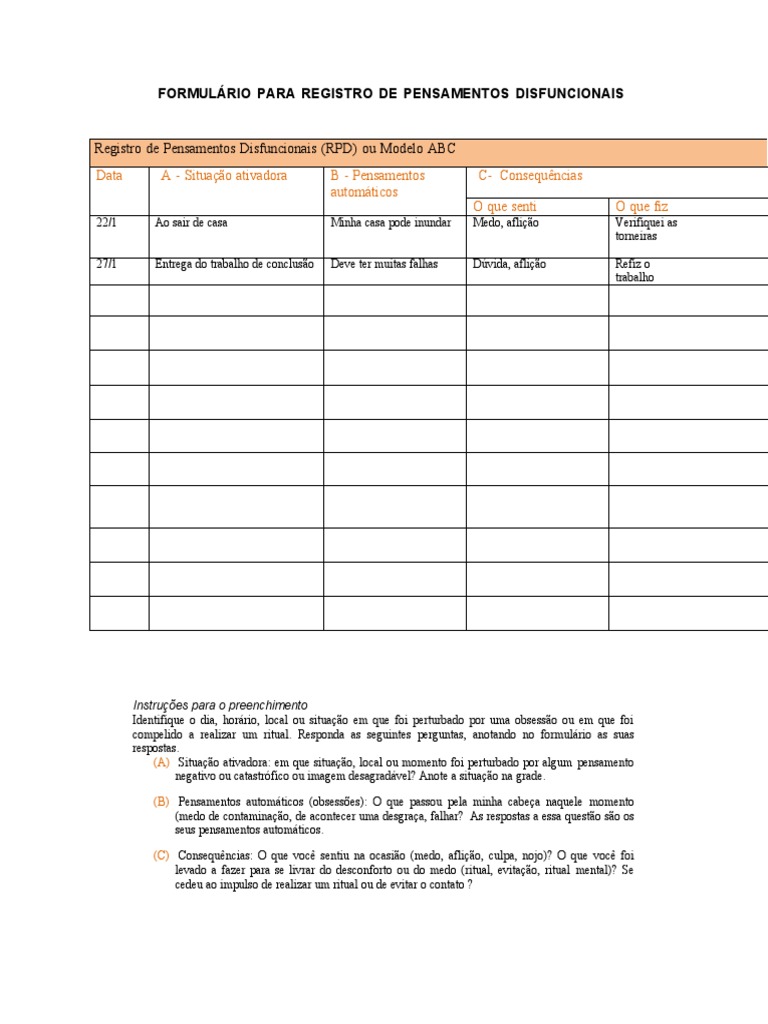 Registro de Pensamentos Disfuncionais - RPD | PDF