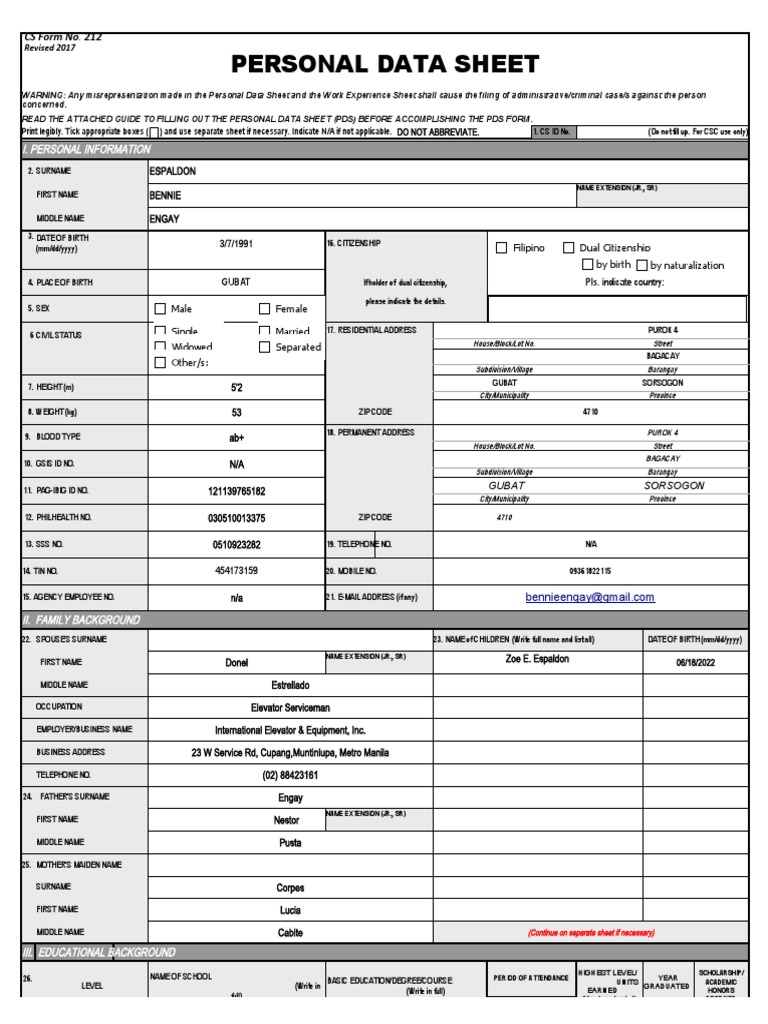 Cs Form No. 212 Revised Personal Data Sheet | PDF | Government