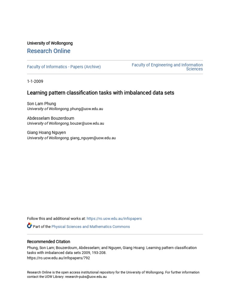 Learning Pattern Classification Tasks With Imbalanced Data Sets Pdf Data Cognitive Science