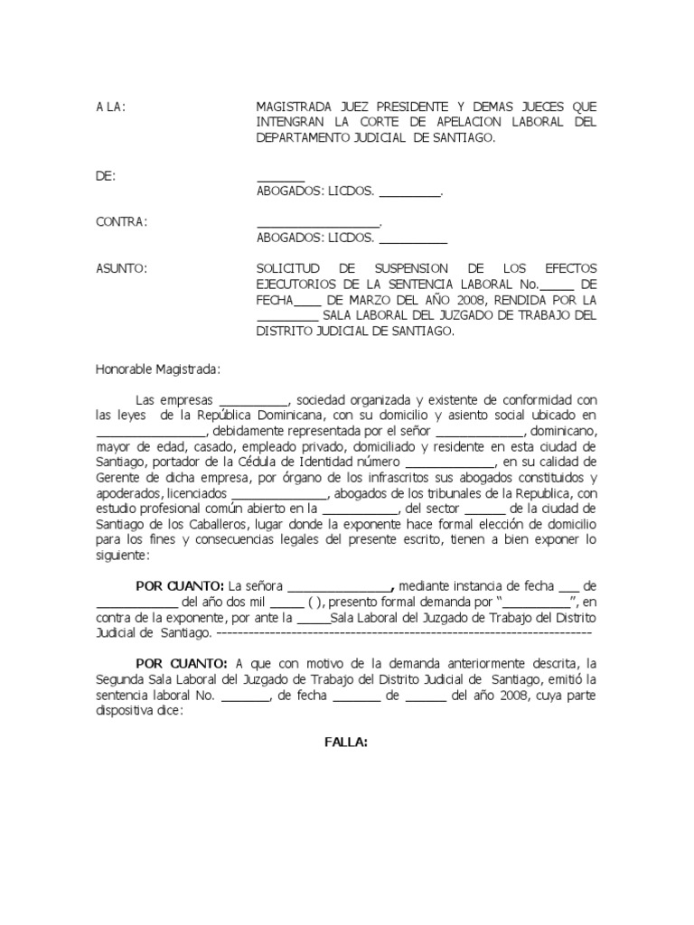 Solicitud Fianza Laboral Modelo | PDF | Sentencia (ley) | Demanda judicial