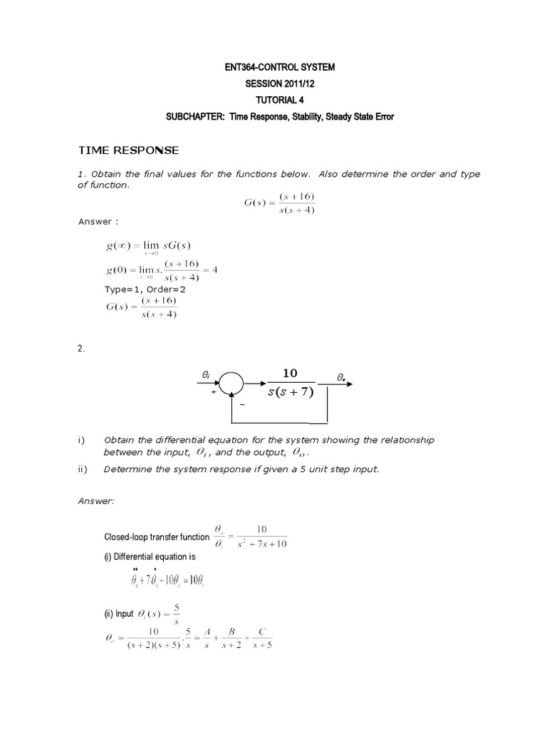 Tutorial 4 Time Response | PDF | Laplace Transform | Mathematical Analysis