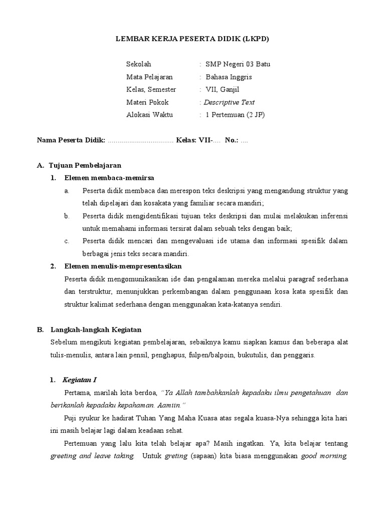 Lembar Kerja Peserta Didik (LKPD) - (Descriptive Text - 1 | PDF | Seni ...