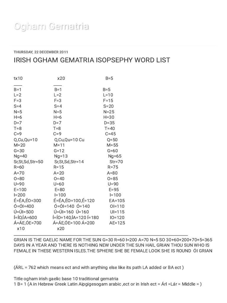 Ogham Gematria - IRISH OGHAM GEMATRIA ISOPSEPHY WORD LIST5 | PDF