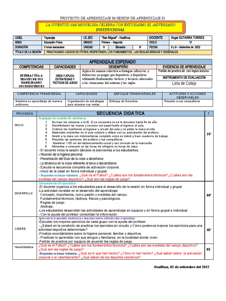ACTIVIDAD 01 PROYECTO 06 EEFF 1° y 2° SM - 2022 Setiembre | PDF | Aprendizaje | Maestros