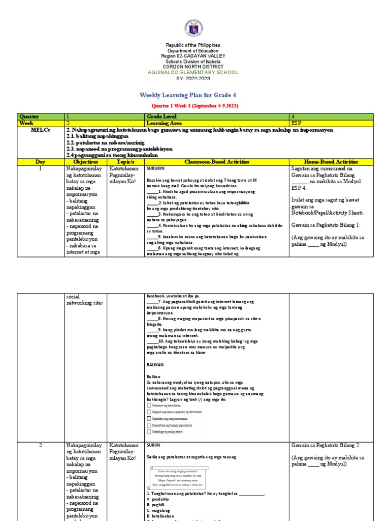 Weekly Learning Plan for Grade 4 quarter 1 week 3 | PDF