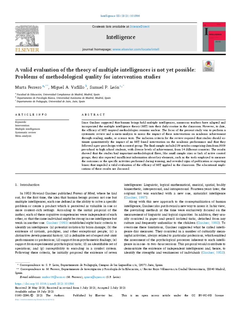 A Valid Evaluation of The Theory of Multiple Intelligences Is Not Yet Possible | PDF | Cognition ...