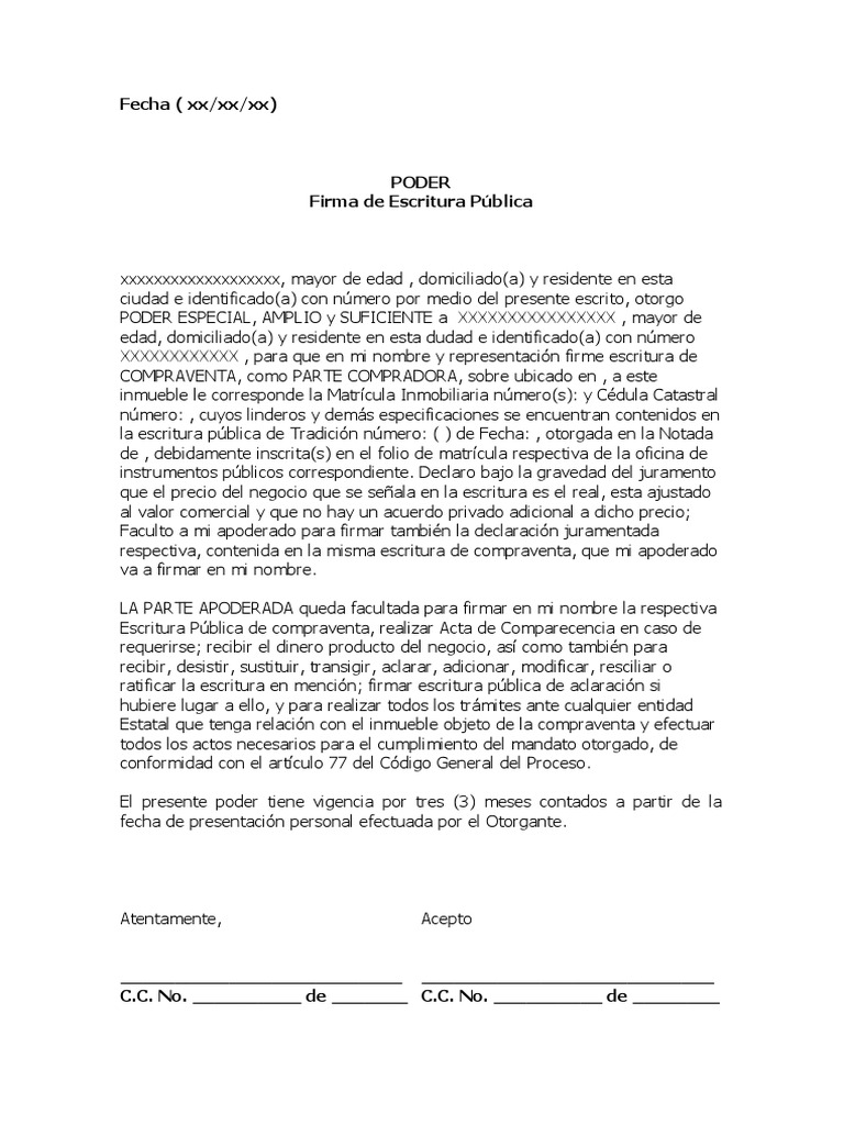 Modelo de Poder para FIRMA DE ESCRITURA PUBLICA | PDF | Derecho