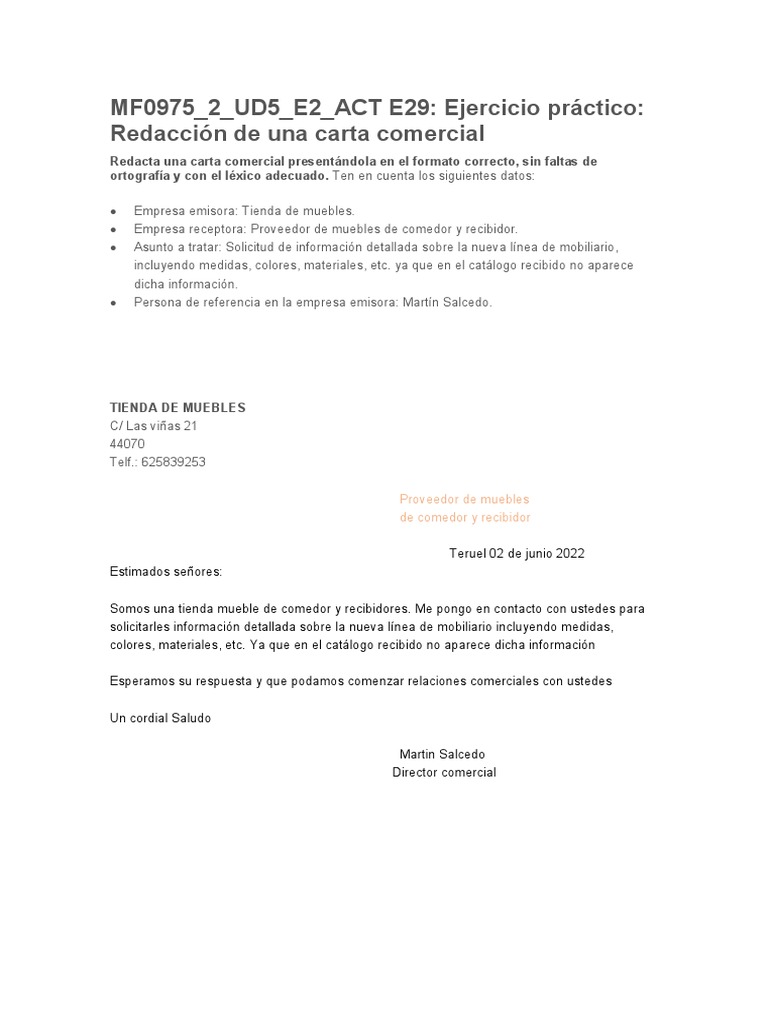 E29 Ejercicio Práctico Redacción de Una Carta Comercial | PDF