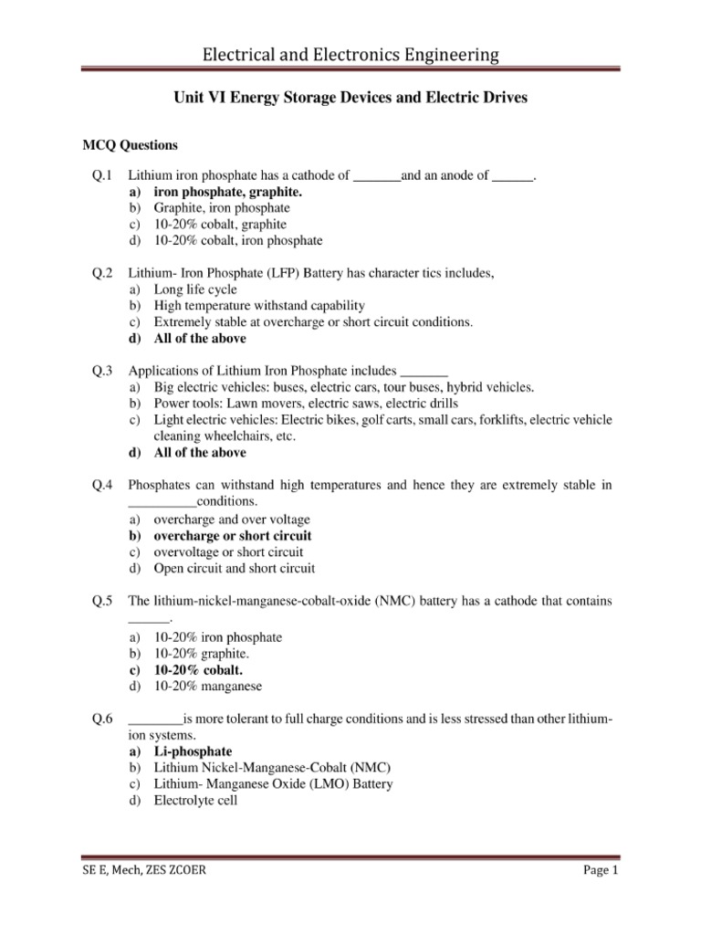 Eee - Unit 6 - Battery Storage Device - MCQ | PDF