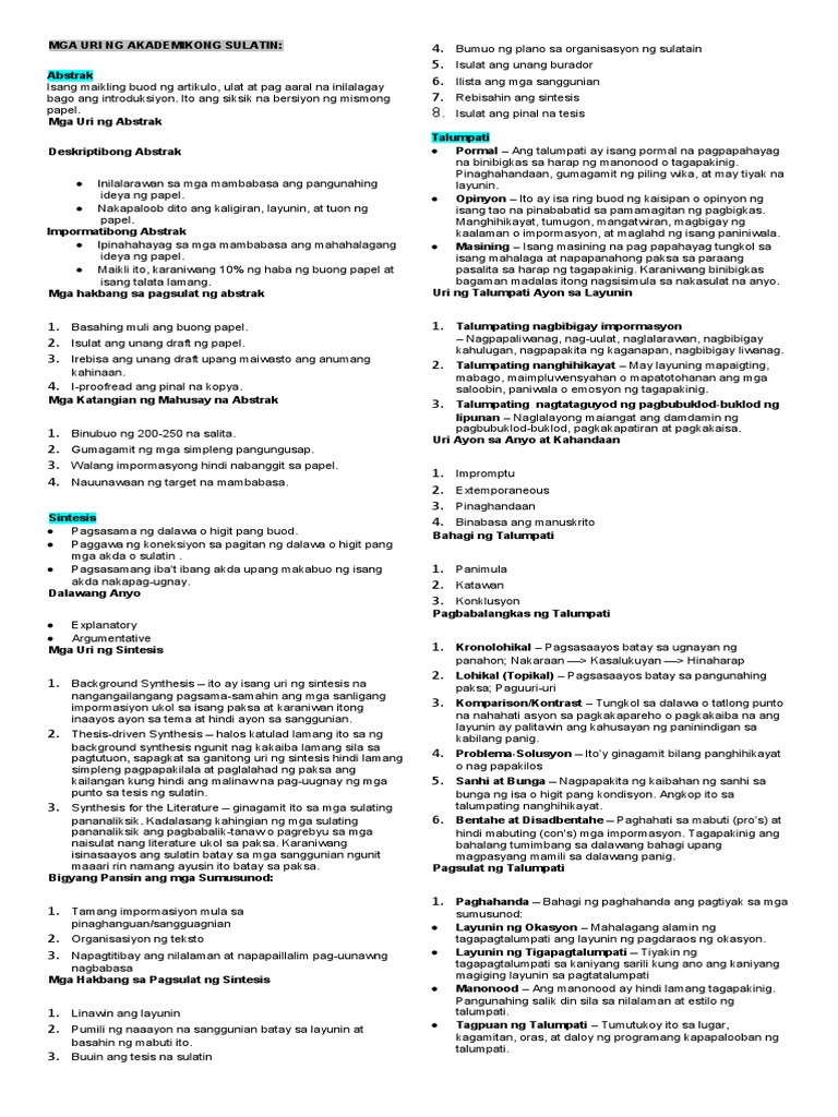 Mga Uri Ng Akademikong Sulatin Pdf