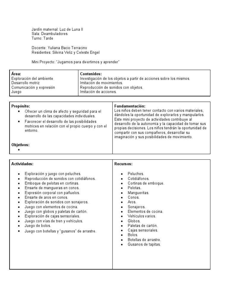 Jardín maternal: Mini proyecto exploración | PDF