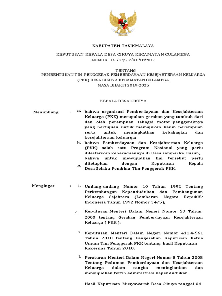 SK Pengurus PKK Desa Cikuya 2019-2025 | PDF