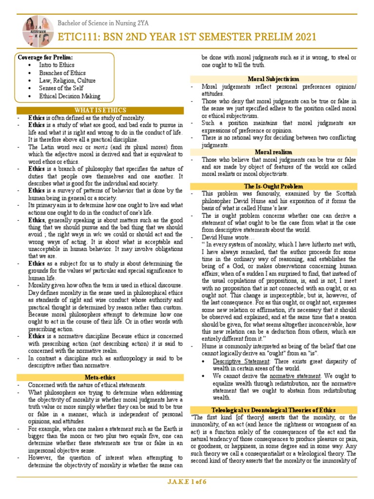 BSN 2ND YEAR ETHICS PRELIM | PDF | Morality | Objectivity (Philosophy)