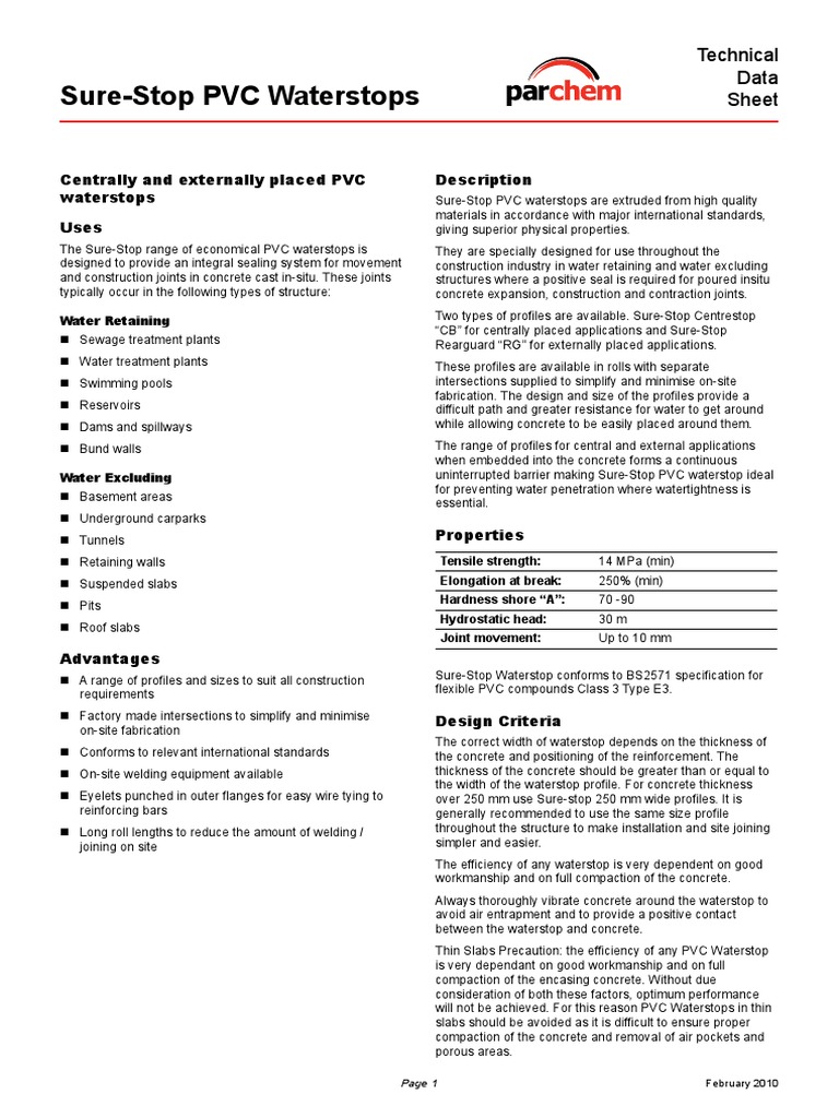 Sure Stop PVC Waterstops TDS | PDF | Concrete | Polyvinyl Chloride
