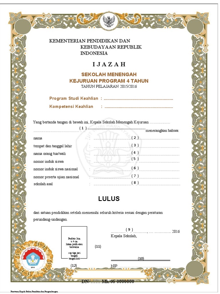 4 Lampiran Contoh Pengisian Blangko Ijazah SMK Sederajat 2016 | PDF