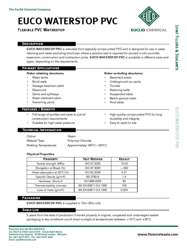 Euclid Chemical Euco Waterstop PVC FC Asia | PDF | Polyvinyl Chloride ...