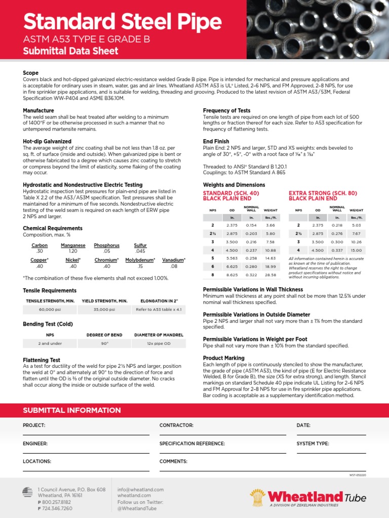 ASTM A53 Type E Grade B ERW Submittal Sheet | PDF | Pipe (Fluid Conveyance) | Industrial Processes