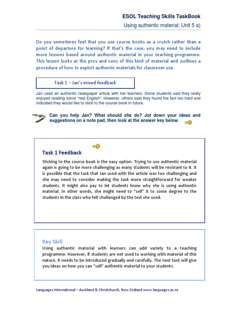 n2465 Esol Teaching Skills Taskbook Unit 5 A - Using Authentic Material | PDF | English As A ...