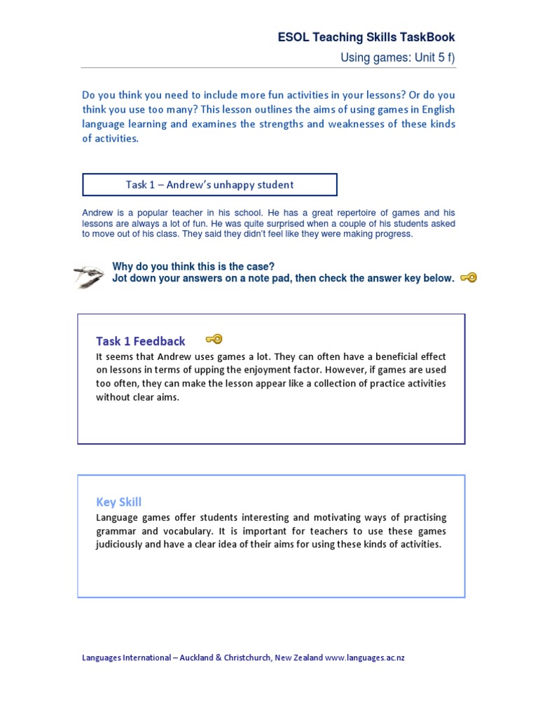 n2470 Esol Teaching Skills Taskbook Unit 5 F Using Games | PDF ...