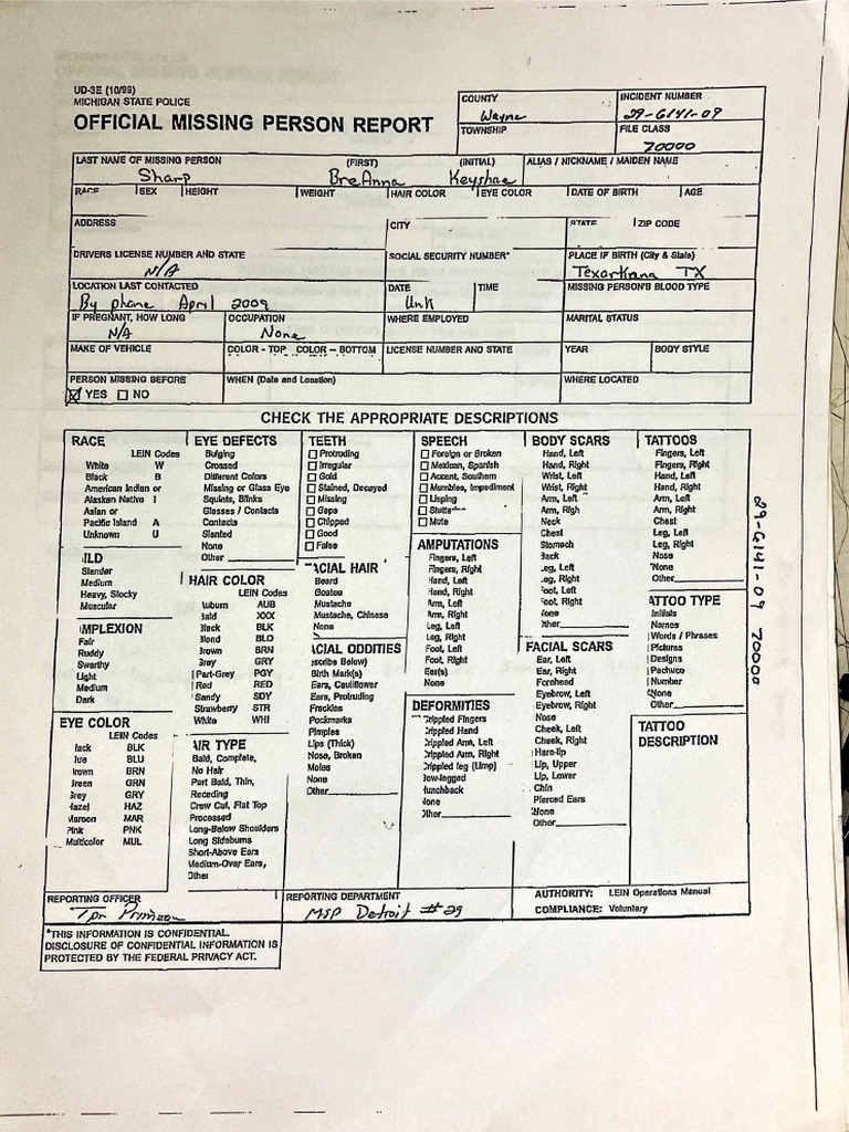Breanna Sharp Michigan State Police Missing Person Report | PDF